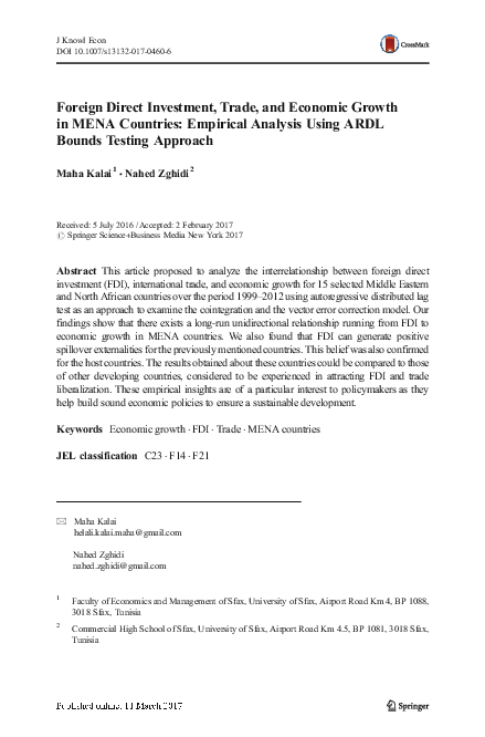 (PDF) Foreign Direct Investment, Trade, and Economic Growth in MENA Countries: Empirical ...