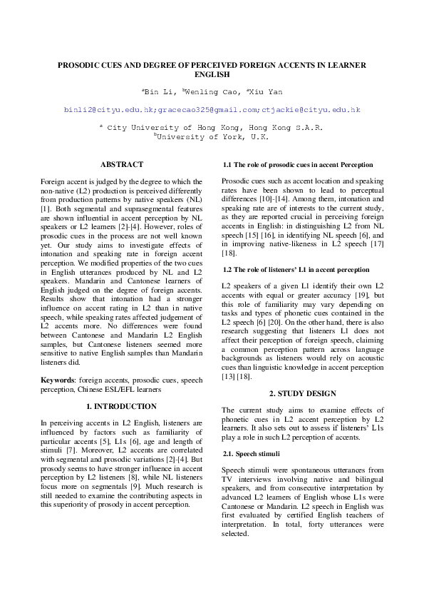 (PDF) Prosodic cues and degree of perceived foreign accents in learner ...