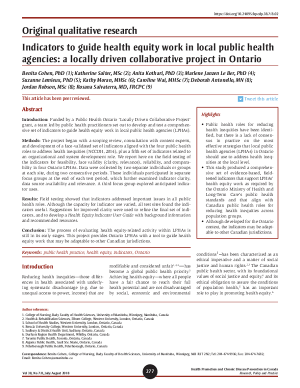 (PDF) Indicators to Guide Health Equity Work in Public Health Agencies ...