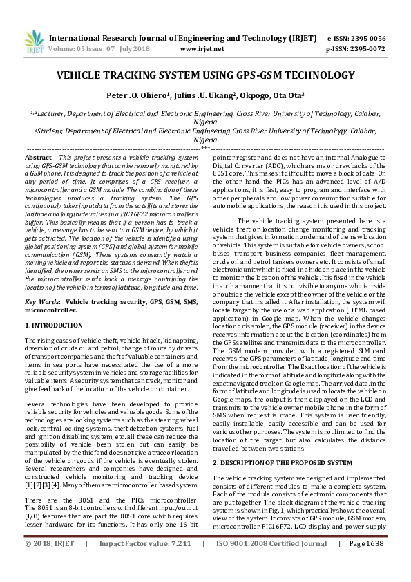 (PDF) VEHICLE TRACKING SYSTEM USING GPS-GSM TECHNOLOGY