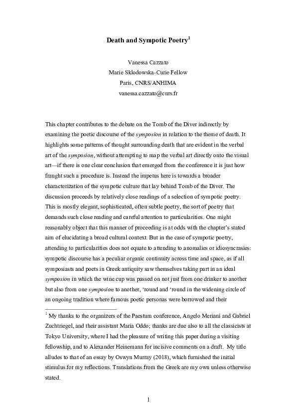 (PDF) Death and sympotic poetry [chapter draft], forthcoming in The ...