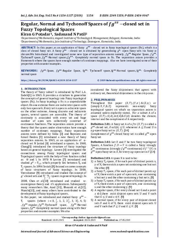 (PDF) Regular, Normal and Tychonoff Spaces of í µí² í µí² ## −closed set in Fuzzy Topological ...