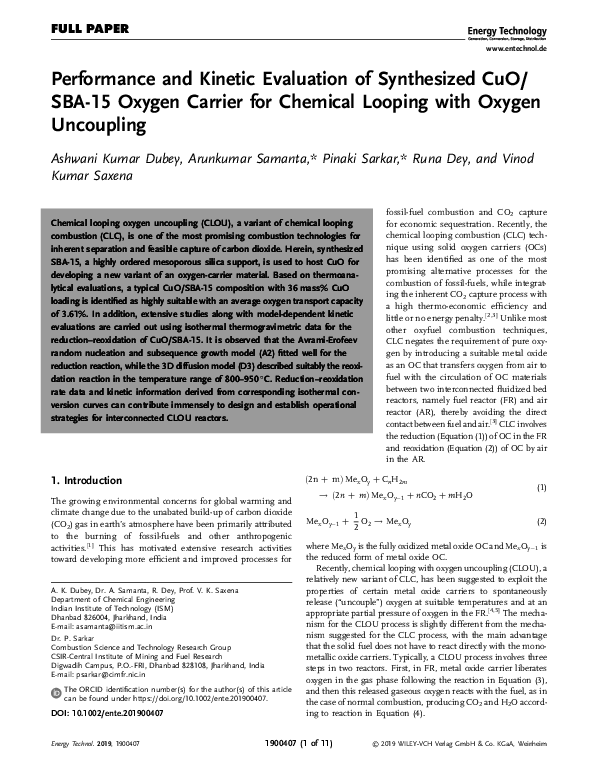 (PDF) Performance and Kinetic Evaluation of Synthesized CuO SBA-15 Oxygen Carrier for Chemical ...