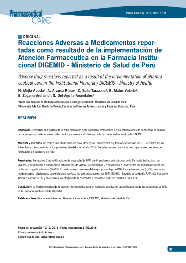 (PDF) Reacciones Adversas a Medicamentos reportadas como resultado de la implementación de ...