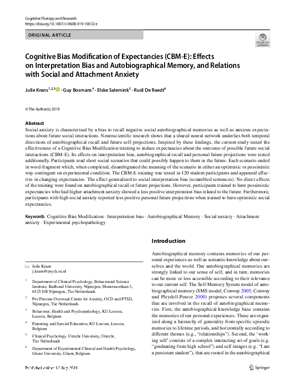 (PDF) Cognitive Bias Modification of Expectancies (CBM-E): Effects on Interpretation Bias and ...