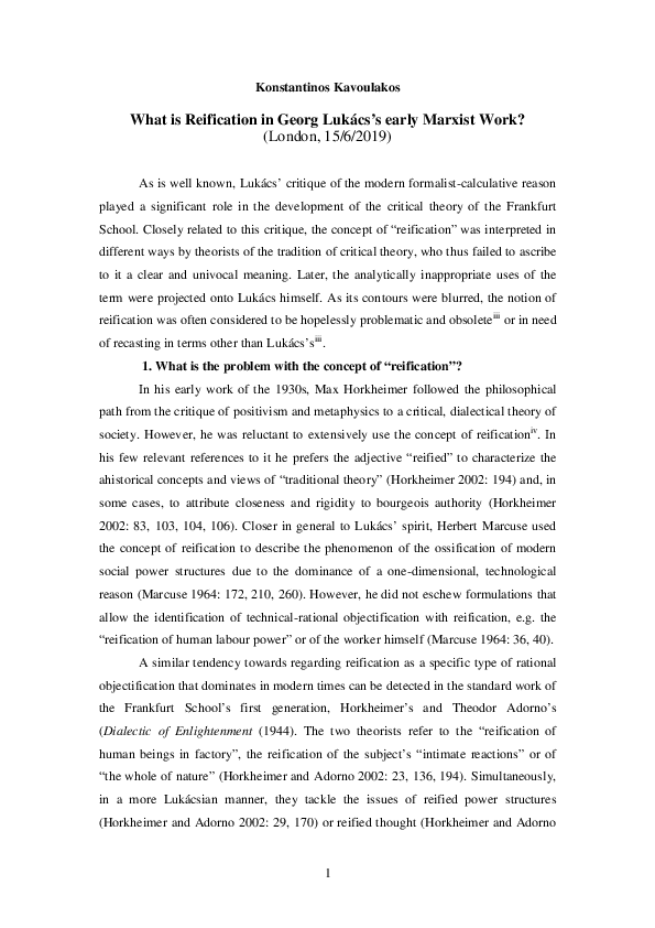 (PDF) What is Reification in Georg Lukács’s early Marxist Work?