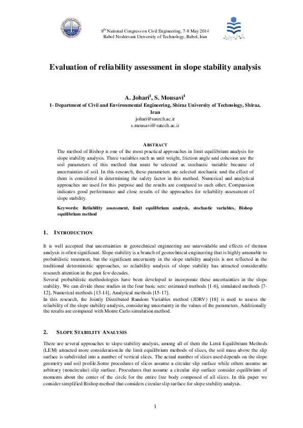 (PDF) Evaluation of reliability assessment in slope stability analysis