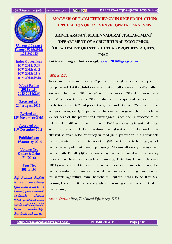 Pdf Analysis Of Farm Efficiency In Rice Production Application Of
