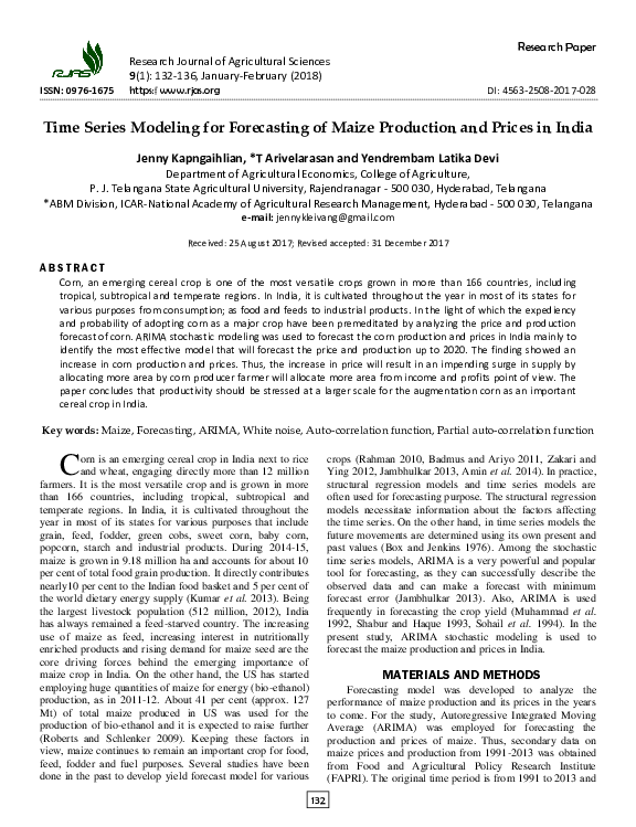 Pdf Time Series Modeling For Forecasting Of Maize Production And Prices In India