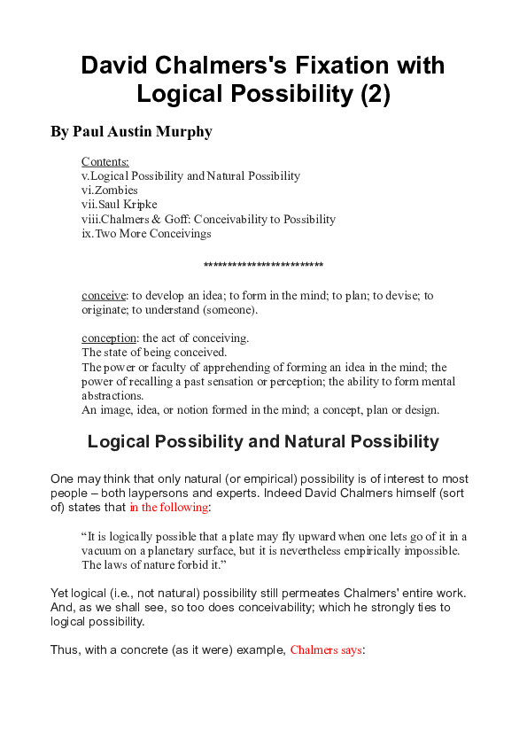 (DOC) David Chalmers' Fixation with Logical Possibility (2)