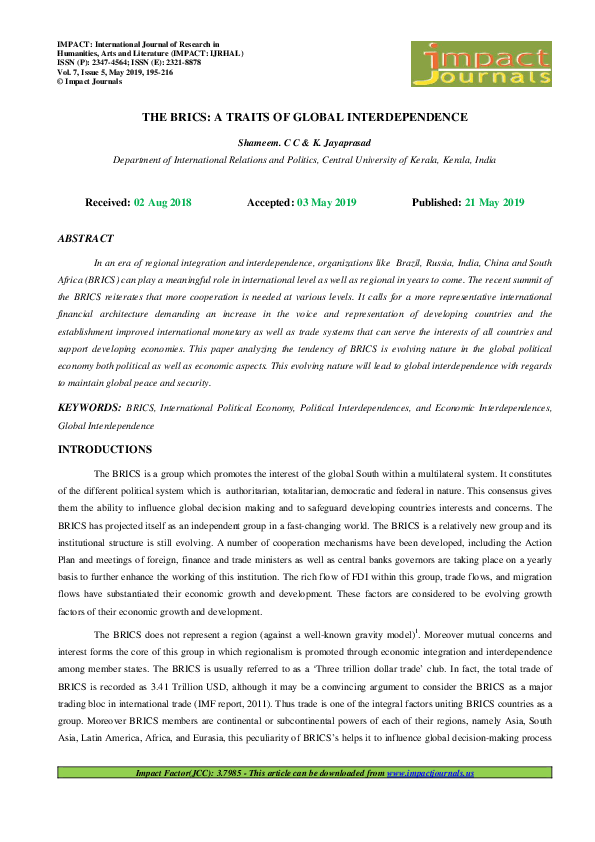 (PDF) THE BRICS: A TRAITS OF GLOBAL INTERDEPENDENCE