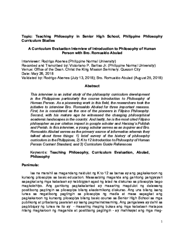 (PDF) Topic: Teaching Philosophy in Senior High School, Philippine ...