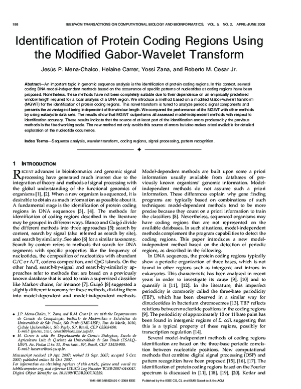 Pdf Identification Of Protein Coding Regions Using The Modified Gabor
