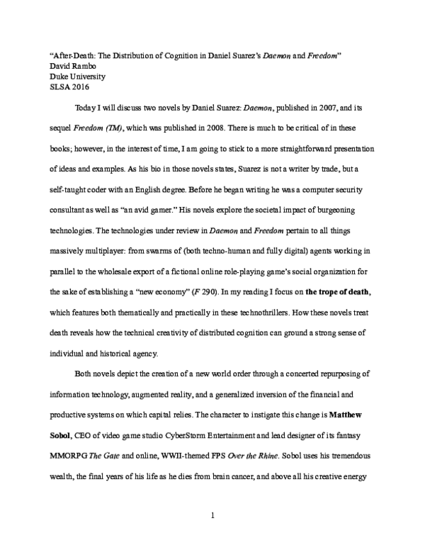 (PDF) "After-Death: The Distribution of Cognition in Daniel Suarez's ...