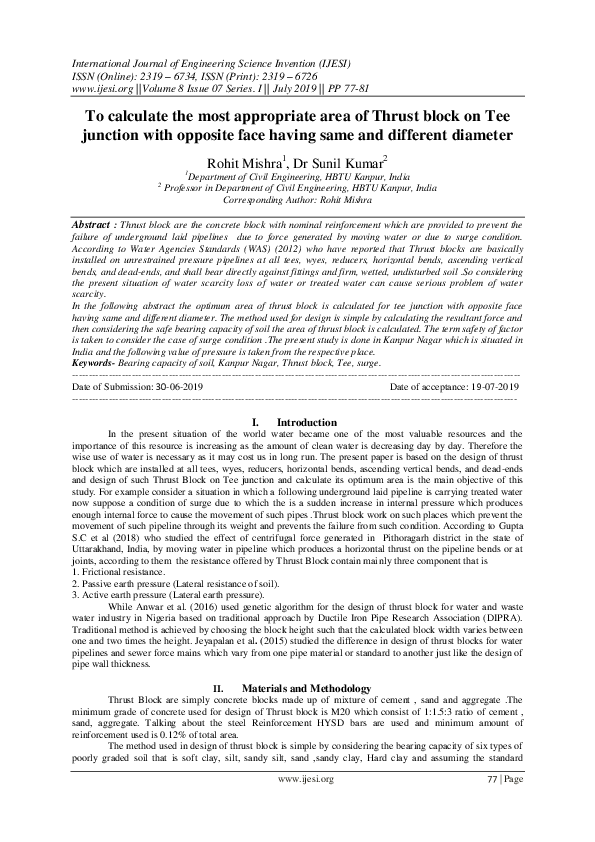 (PDF) To calculate the most appropriate area of Thrust block on Tee ...