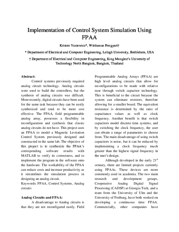Pdf Implementation Of Control System Simulation Using Fpaa Device