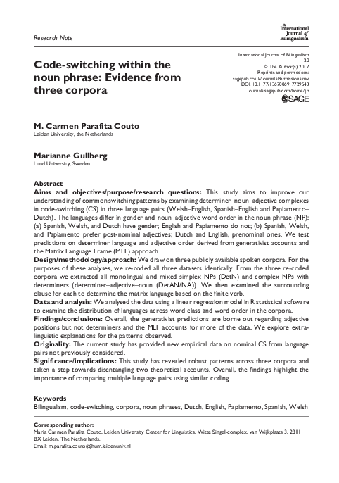 (PDF) Code-switching within the noun phrase: Evidence from three corpora