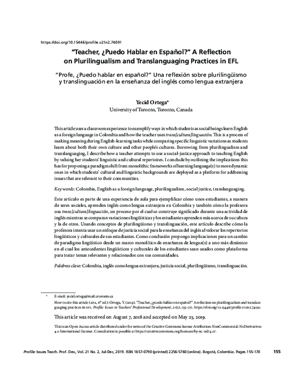 (PDF) "Teacher, ¿Puedo Hablar en Español?" A Reflection on ...