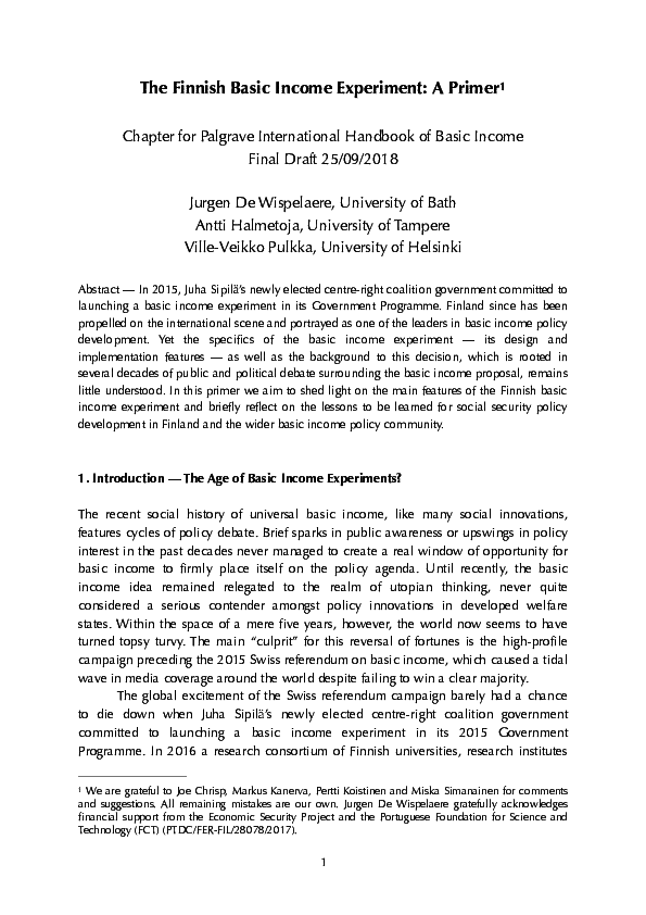 (PDF) The Finnish Basic Income Experiment: A Primer