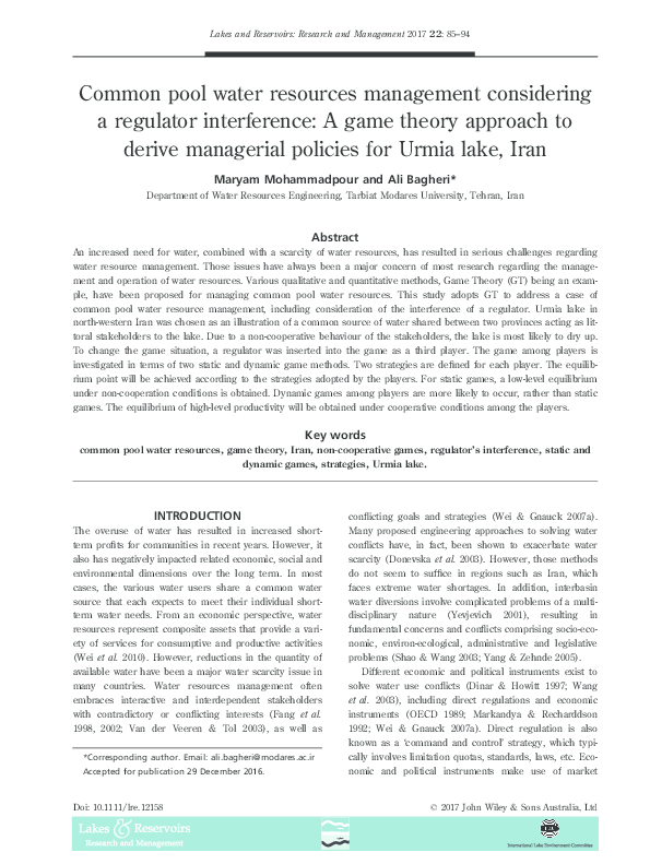 (PDF) Common pool water resources management considering a regulator ...