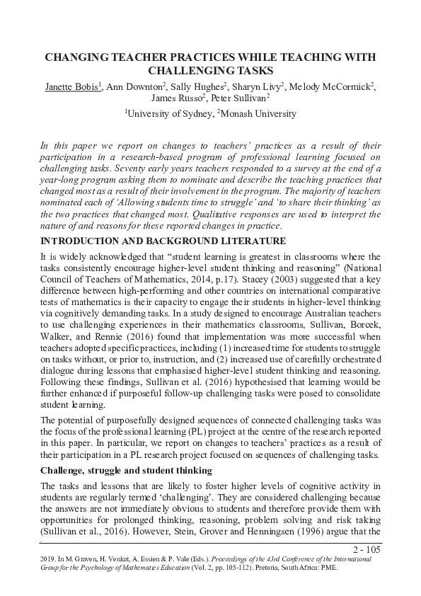 (PDF) Changing teacher practices while teaching with challenging tasks ...