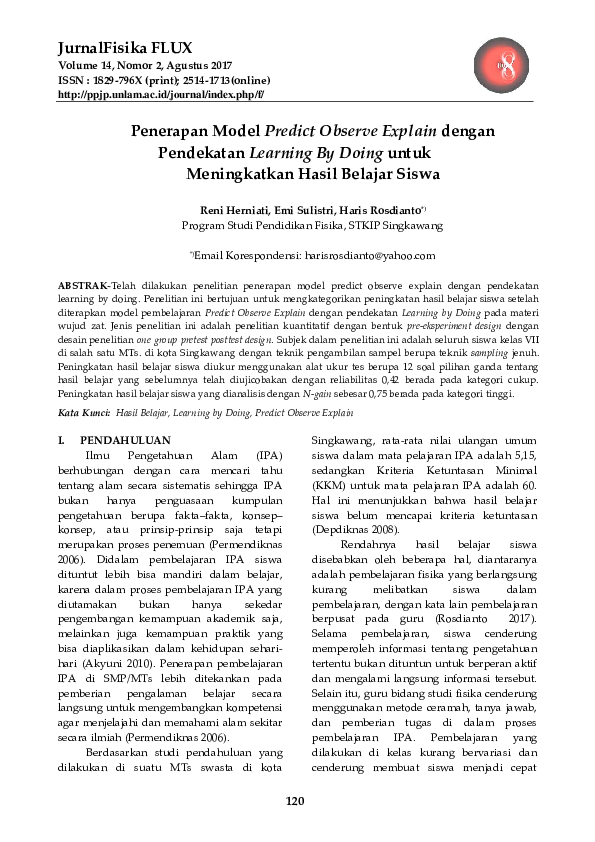 (PDF) Penerapan Model Predict Observe Explain dengan Pendekatan Learning By Doing untuk ...