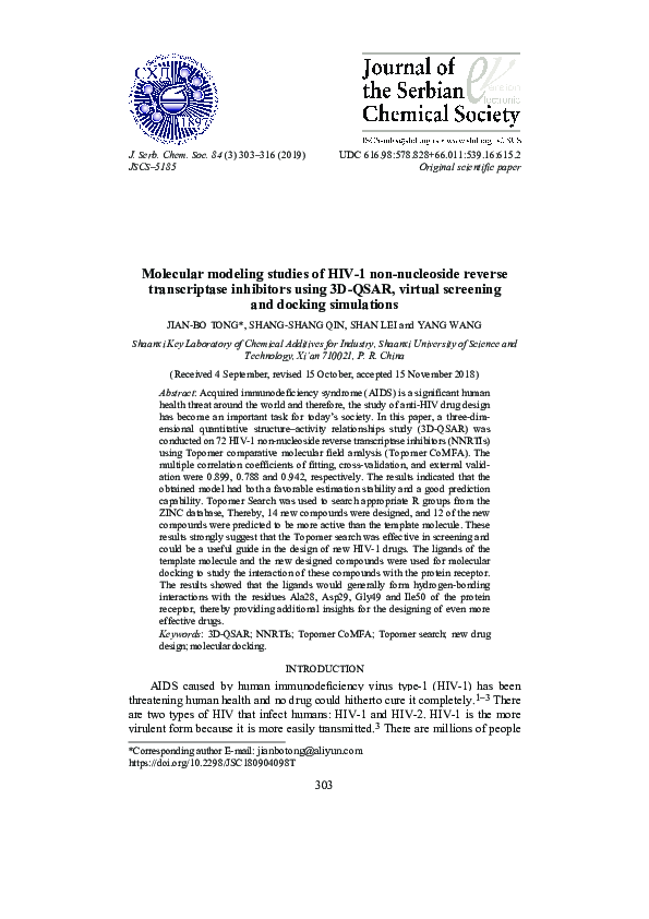 (PDF) Molecular modeling studies of HIV-1 non-nucleoside reverse transcriptase inhibitors using ...