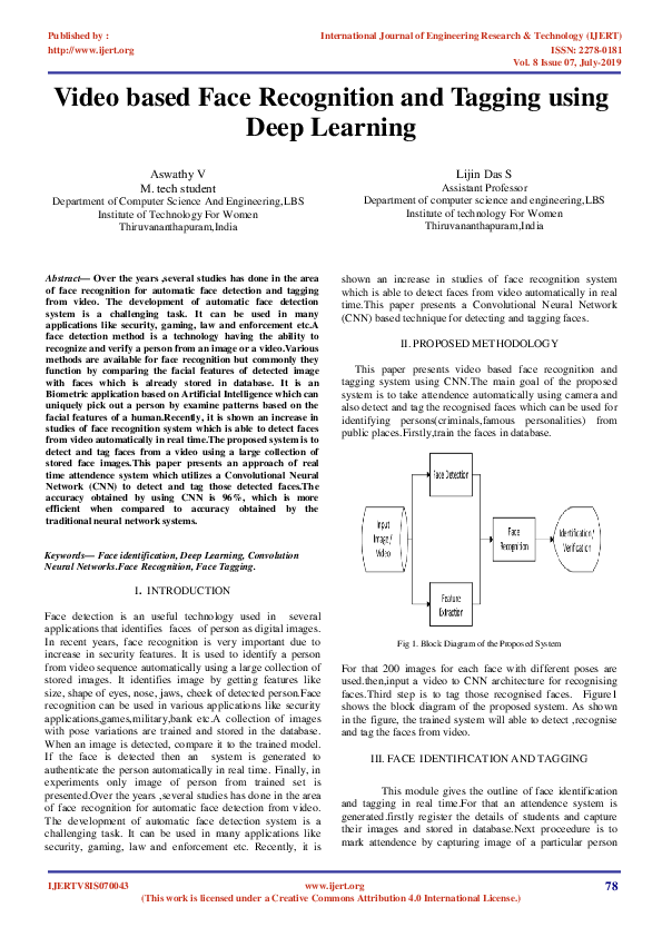 Pdf Ijert Video Based Face Recognition And Tagging Using Deep Learning