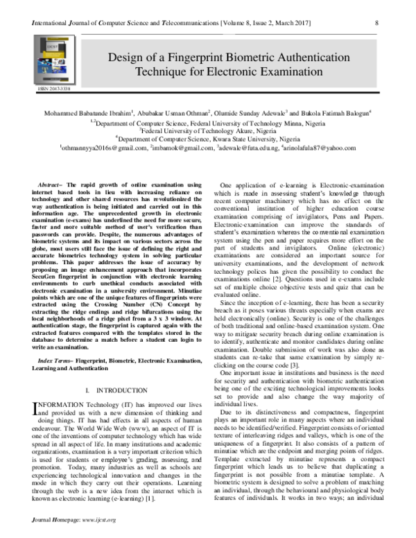 (PDF) Design of a Fingerprint Biometric Authentication Technique for ...