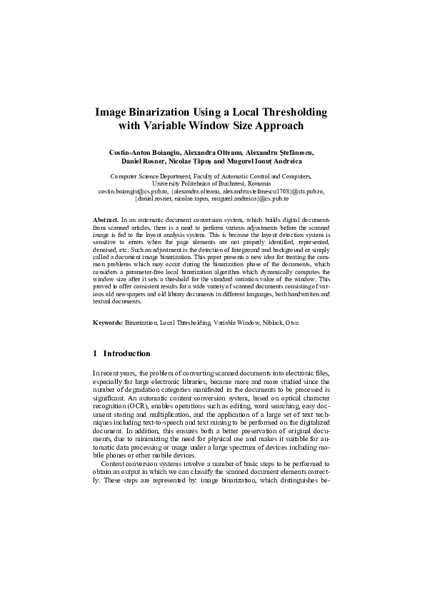 (PDF) Image Binarization Using a Local Thresholding with Variable Window Size Approach