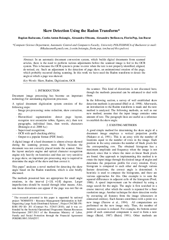 Pdf Skew Detection Using The Radon Transform