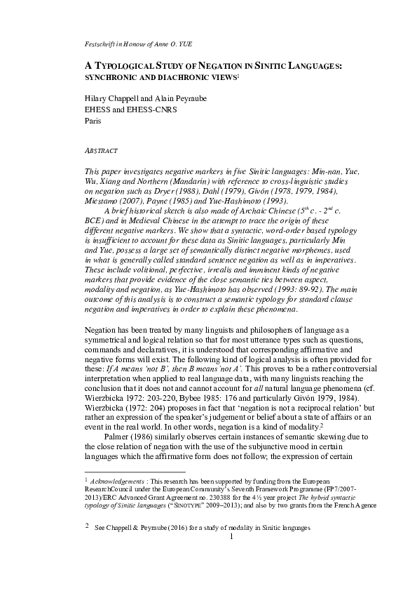 (PDF) A TYPOLOGICAL STUDY OF NEGATION IN SINITIC LANGUAGES: SYNCHRONIC ...