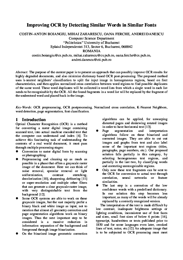 (PDF) Improving OCR by Detecting Similar Words in Similar Fonts
