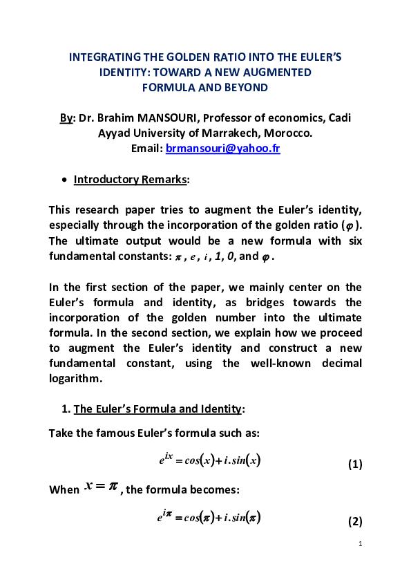 (PDF) INTEGRATING THE GOLDEN RATIO INTO THE EULER'S IDENTITY: TOWARD A ...