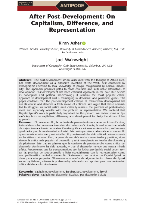(PDF) After Post‐Development: On Capitalism, Difference, and Representation