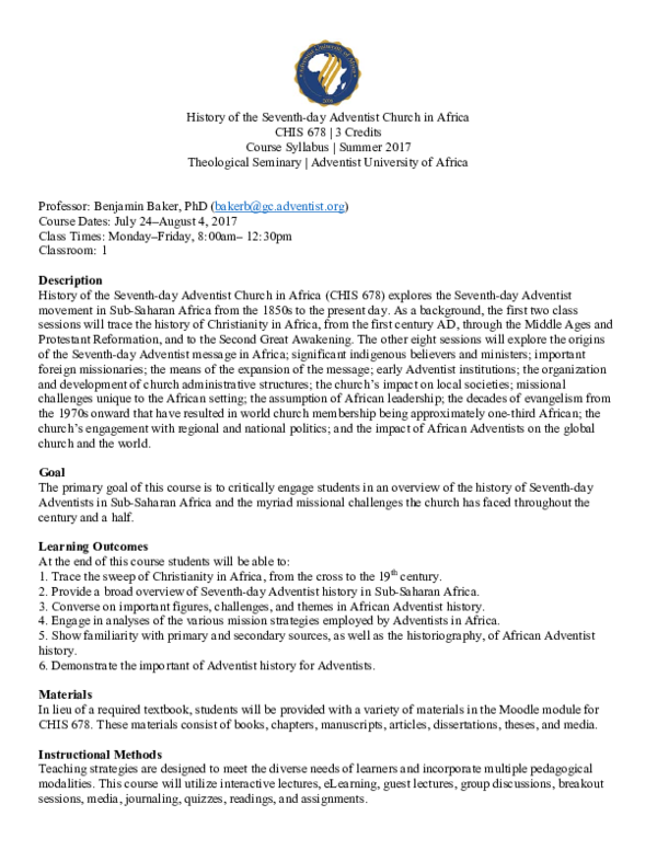 (PDF) Syllabus - History of the Seventh-day Adventist Church in Sub ...