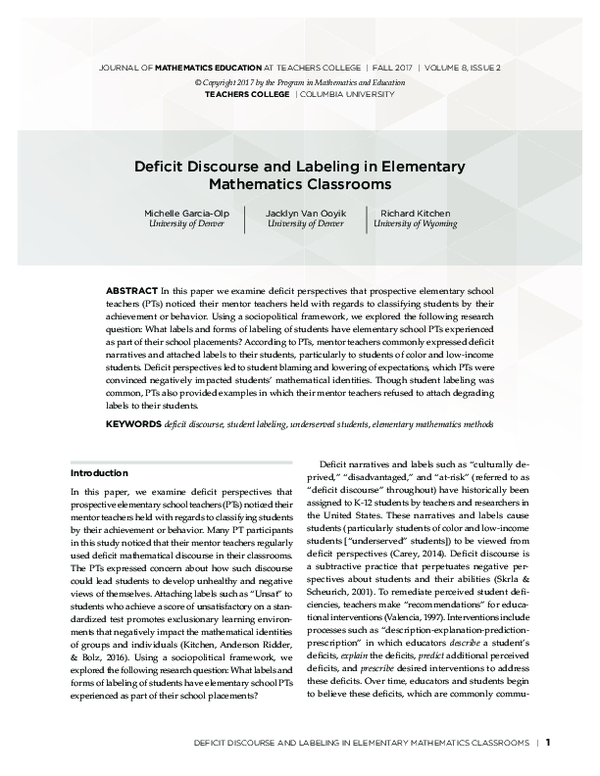 (PDF) Deficit discourse and labeling in elementary mathematics classrooms