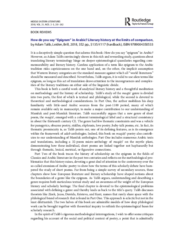 (PDF) Review of Adam Talib's "How do you say 'Epigram' in Arabic?"