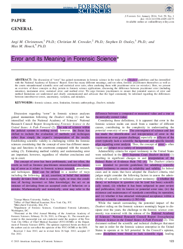 (PDF) PAPER GENERAL Error and its Meaning in Forensic Science