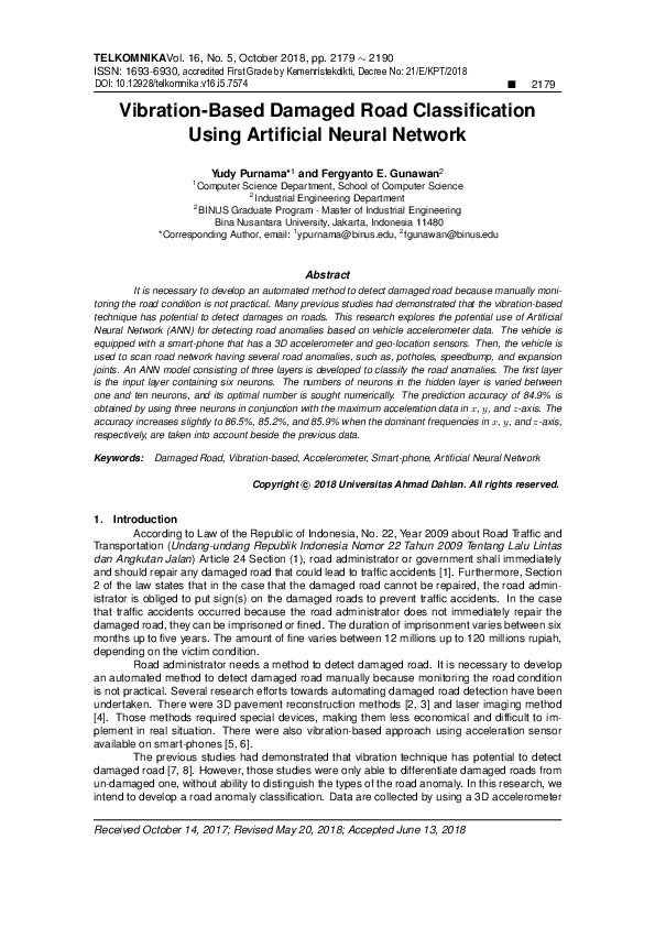 (PDF) Vibration-Based Damaged Road Classification Using Artificial Neural Network