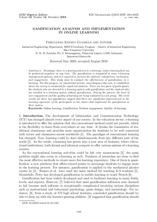 (PDF) GAMIFICATION ANALYSIS AND IMPLEMENTATION IN ONLINE LEARNING