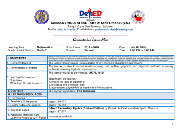 (PDF) Lesson Plan on Multiplying Two Binomials