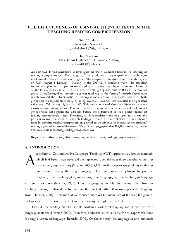 (PDF) THE EFFECTIVENESS OF USING AUTHENTIC TEXTS IN THE TEACHING ...