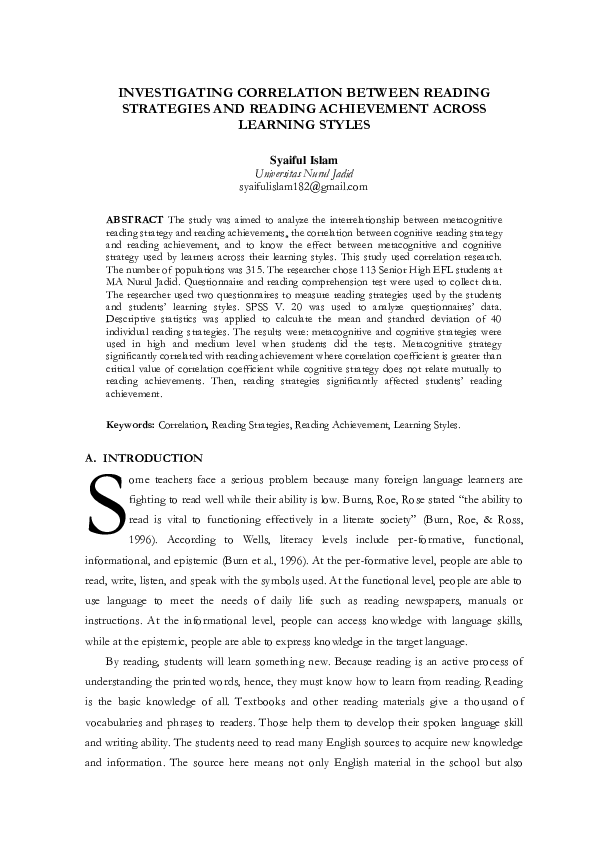 Pdf Investigating Correlation Between Reading Strategies And Reading Achievement Across