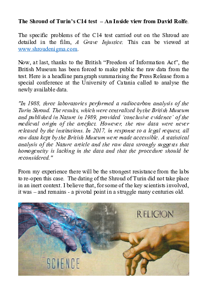 (PDF) The Shroud of Turin's C14 Test -An Inside view from David Rolfe