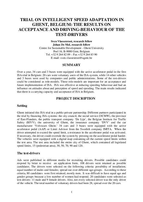 (PDF) Trial on intelligent speed adaptation in Ghent, Belgium: the ...