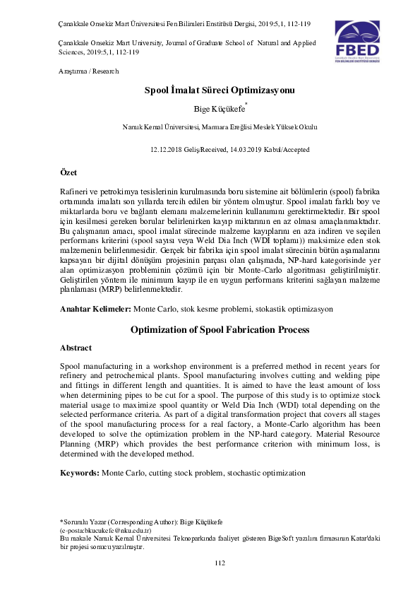 (PDF) Spool İmalat Süreci Optimizasyonu, Optimization of Spool Fabrication Process