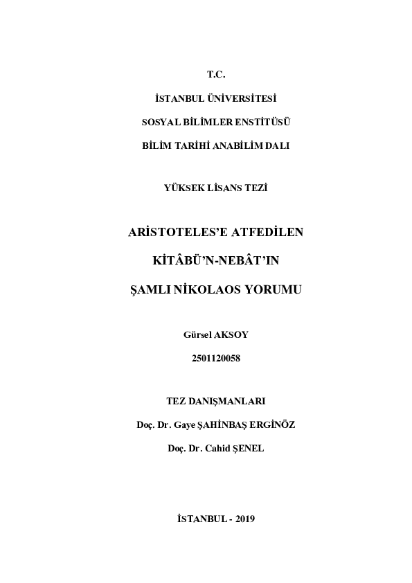 (PDF) Aristoteles'e Atfedilen Kitabu'n-Nebat: Giriş-Çeviri-Yorum (özet ...