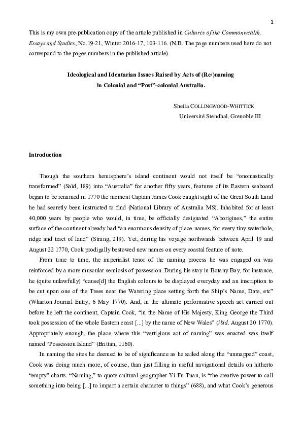 (PDF) Ideological and Identarian Issues Raised by Acts of (Re/)naming ...