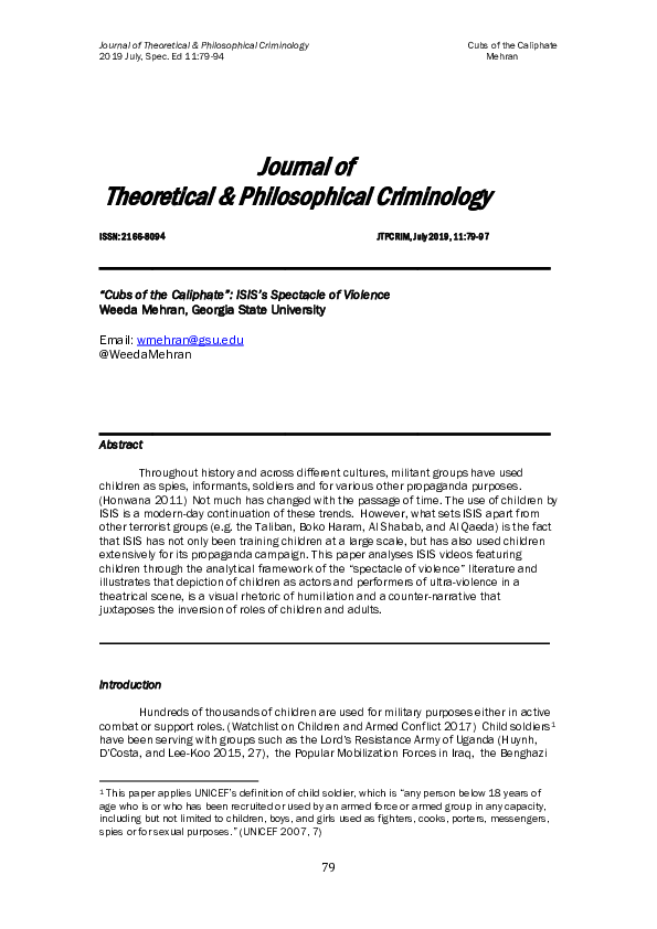 (PDF) "Cubs of the Caliphate": ISIS's Spectacle of Violence | Weeda ...